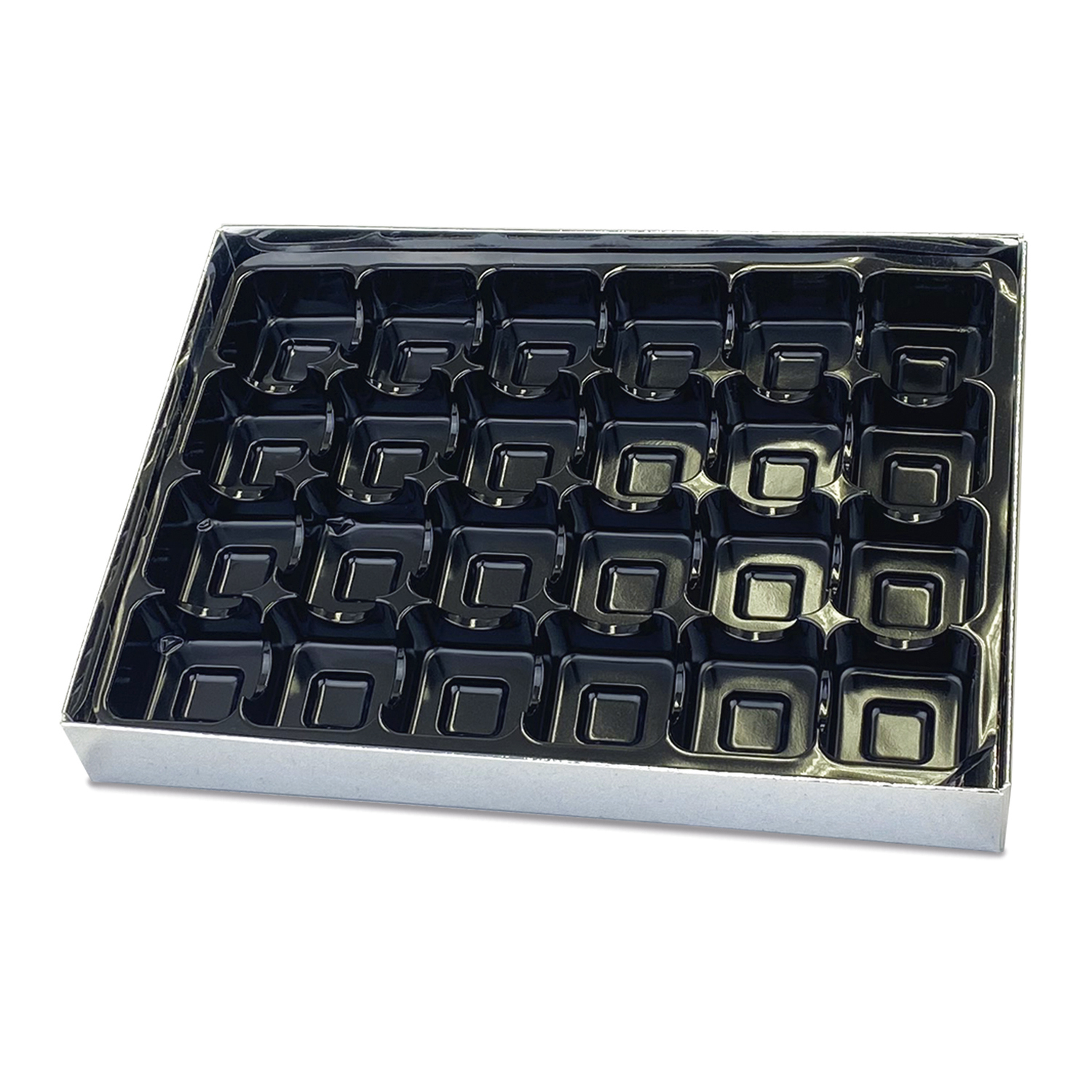 24 choc silver base, black vac tray and cello lid - Jag Couture London ...